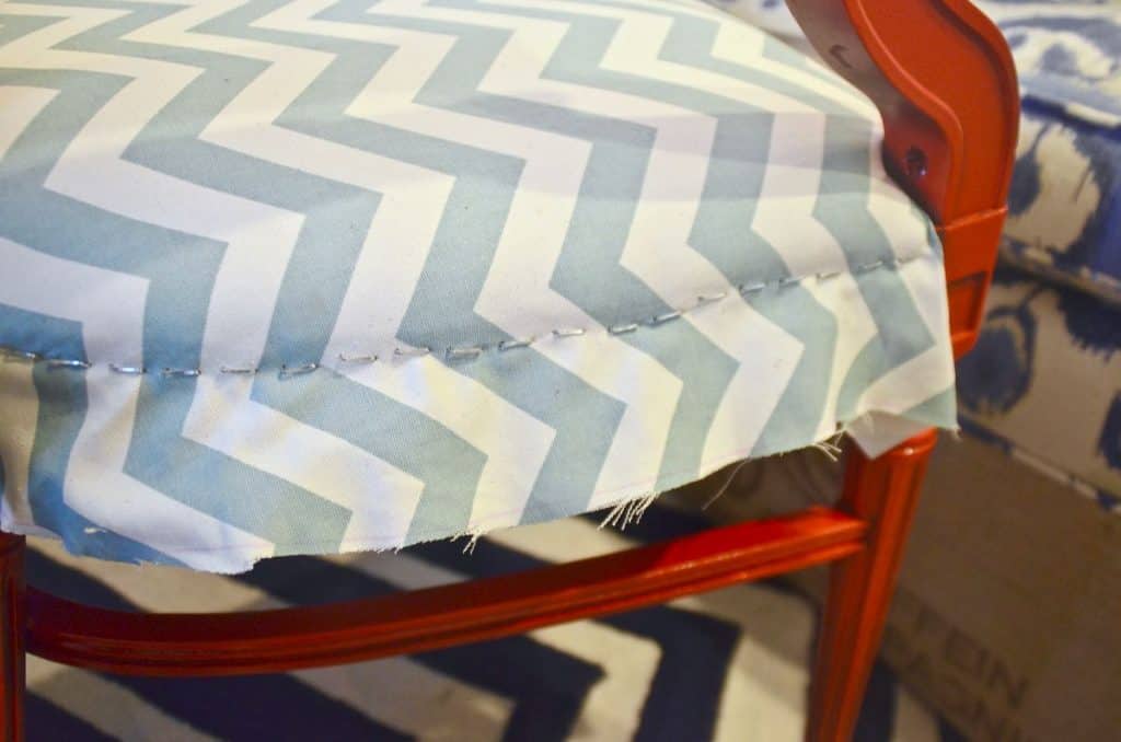 DIY Upholstered Armchairs in Red and Chevron