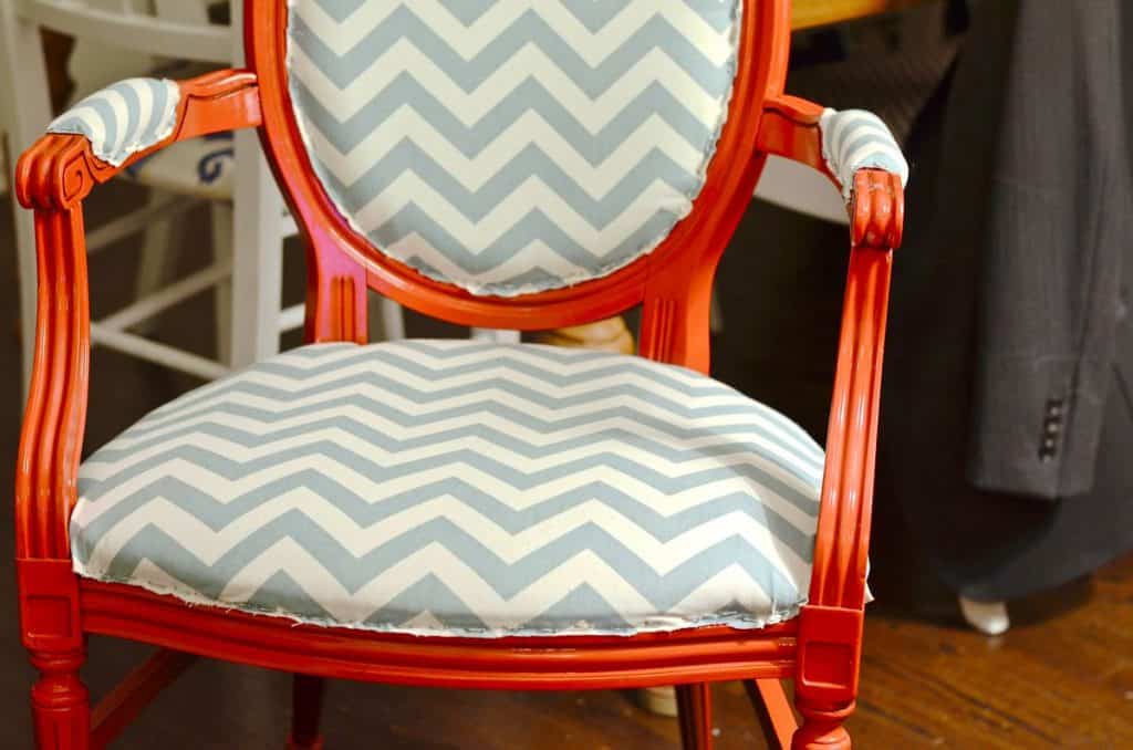 DIY Upholstered Armchairs in Red and Chevron