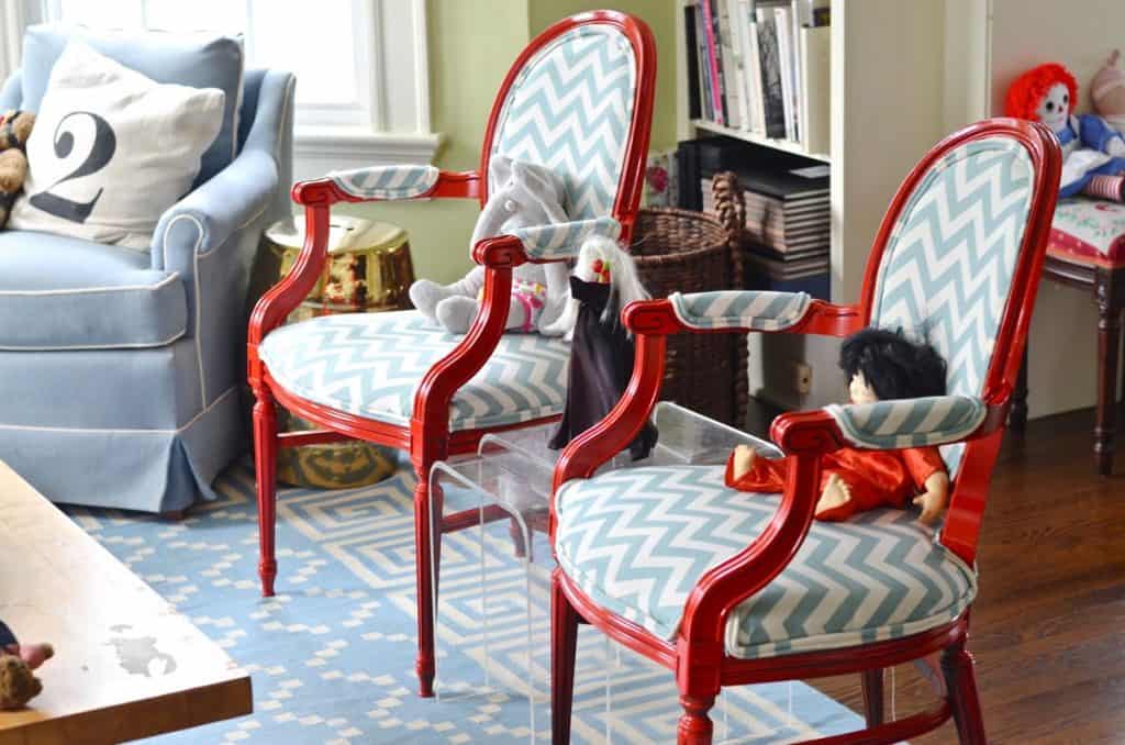 DIY Upholstered Armchairs in Red and Chevron