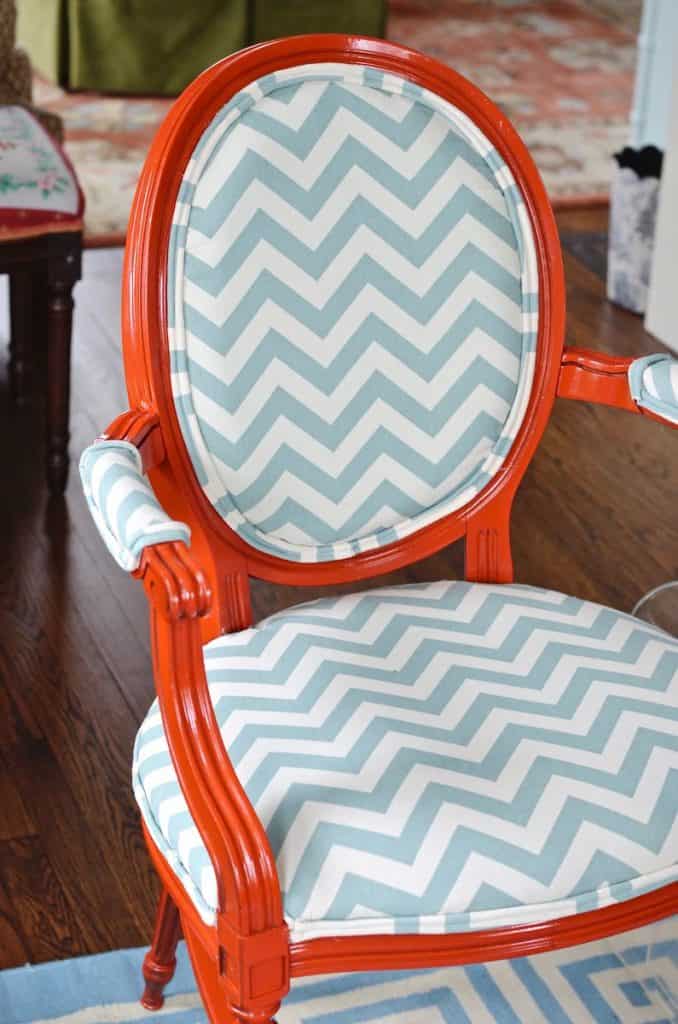 DIY Upholstered Armchairs in Red and Chevron